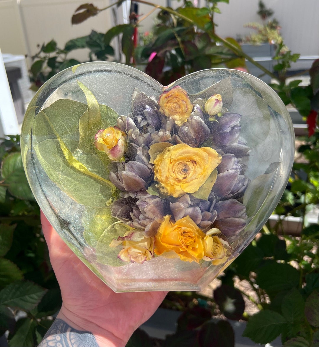Yellow Roses Large Heart 3D Resin Block, Flower Preservation, 3D Resin ...