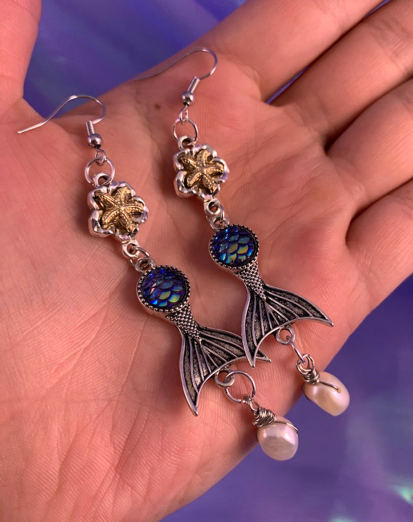 Freshwater Pearl & Mermaid Tail Earrings