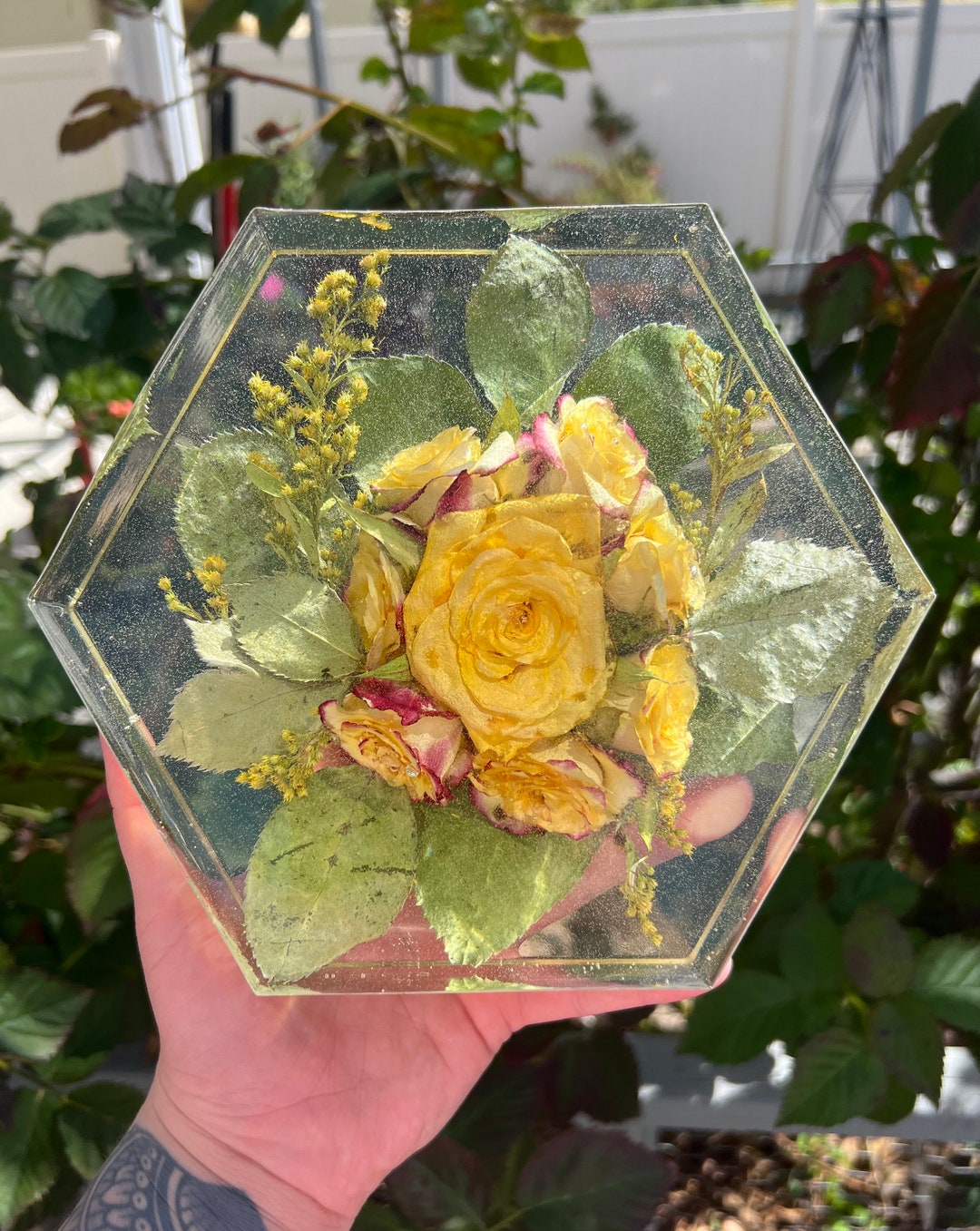 Yellow / Pink Roses Large Hexagon 3D Resin Block, Flower Preservation ...