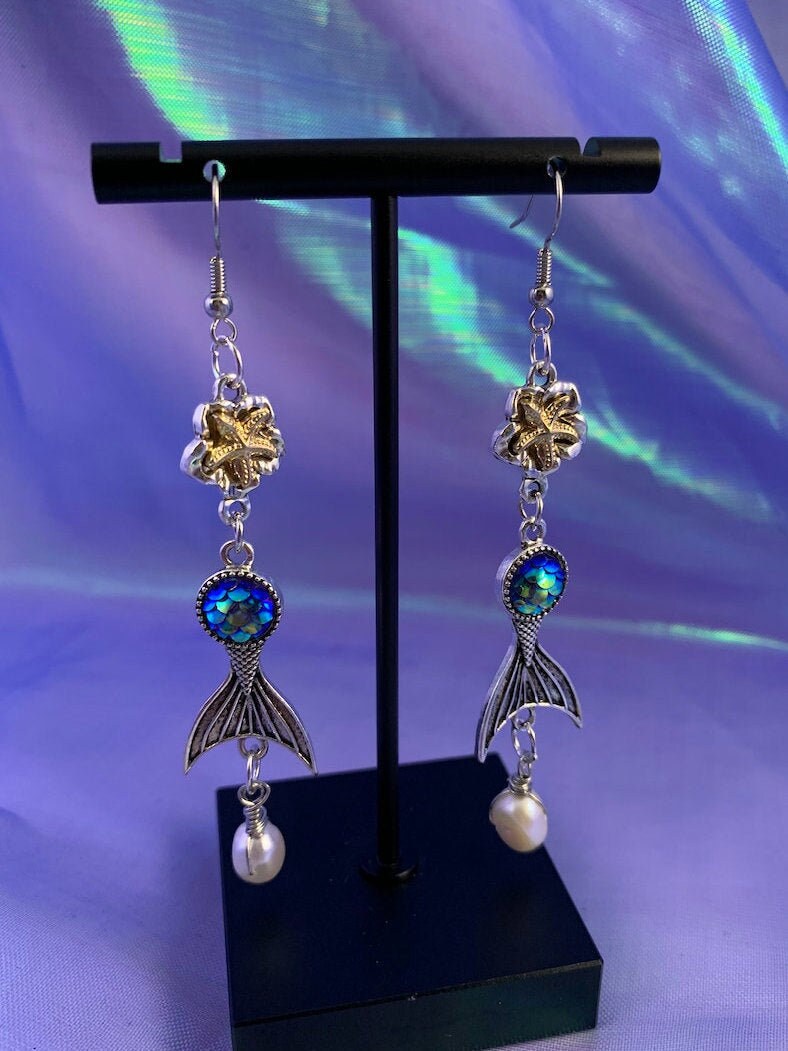 Freshwater Pearl & Mermaid Tail Earrings
