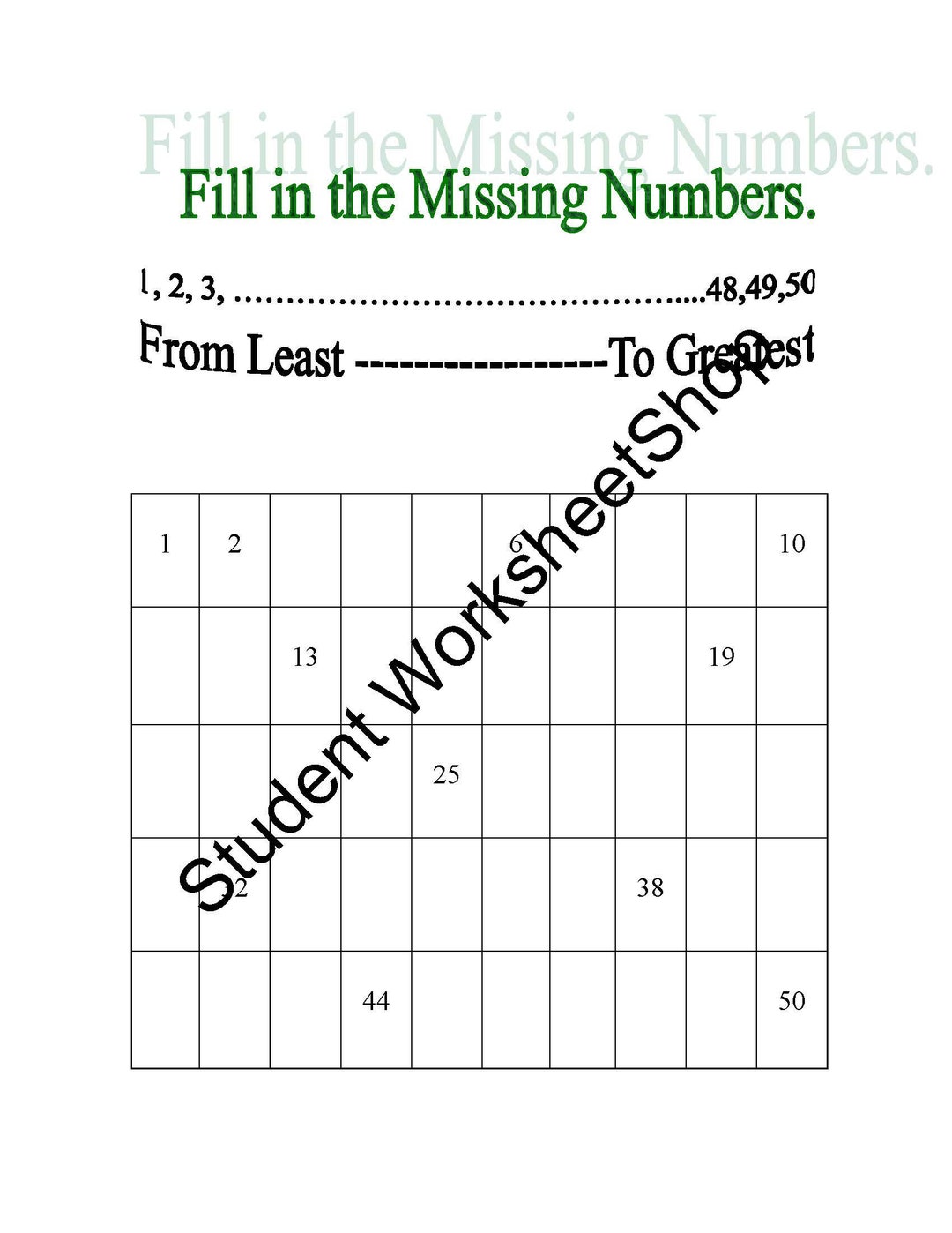 Fill in Missing Numbers. Organize Numbers From Least to Greatest ...