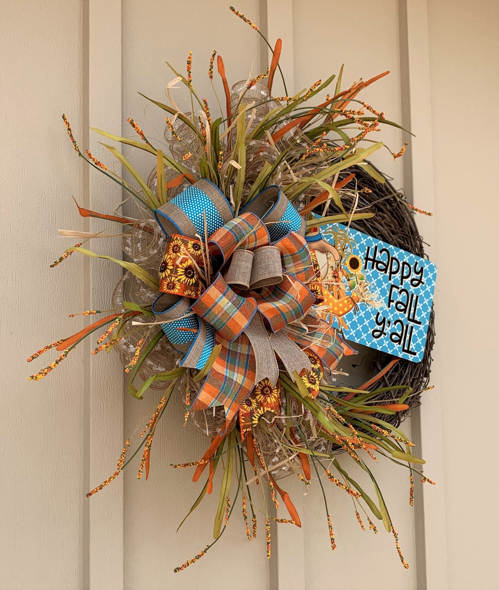 Scarecrow Grapevine Wreath, Cute Fall Wreath, Happy Fall Y'all Wreath ...