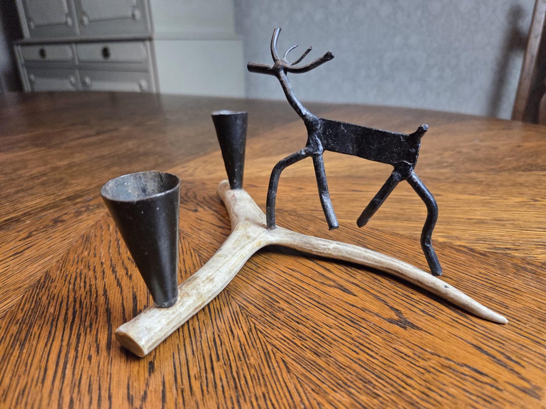 Vintage Sámi Scandinavian Candleholder – Reindeer Antler & Forged Metal ...