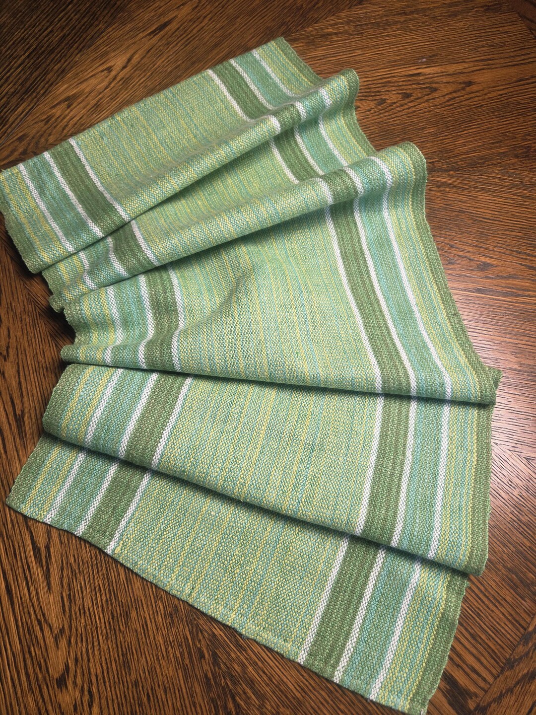 Vintage Swedish Handwoven Table Runner – Green Striped Scandinavian ...