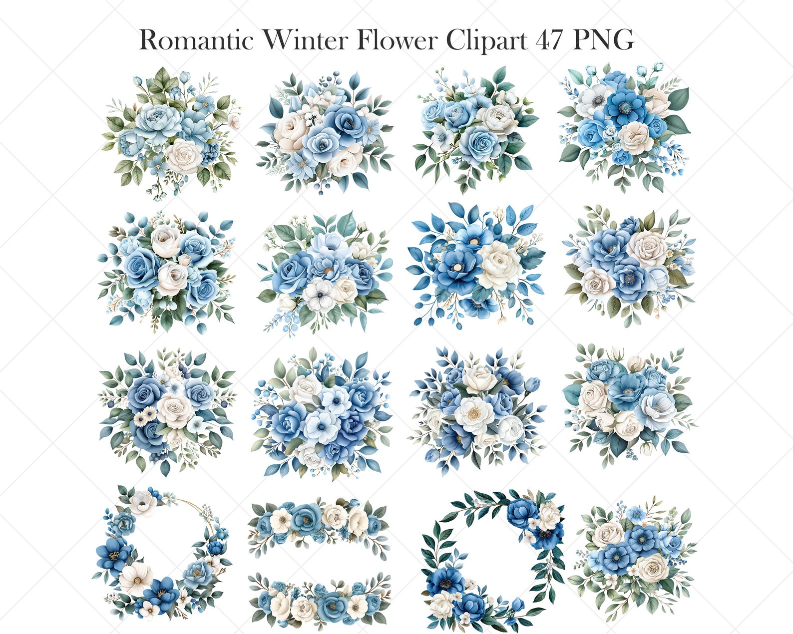 Winter Flower PNG, Watercolor Blue Floral Clipart Bundle, Wedding ...