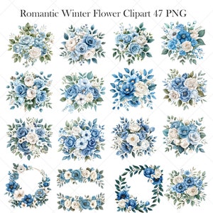 Winter Flower PNG, Watercolor Blue Floral Clipart Bundle, Wedding ...