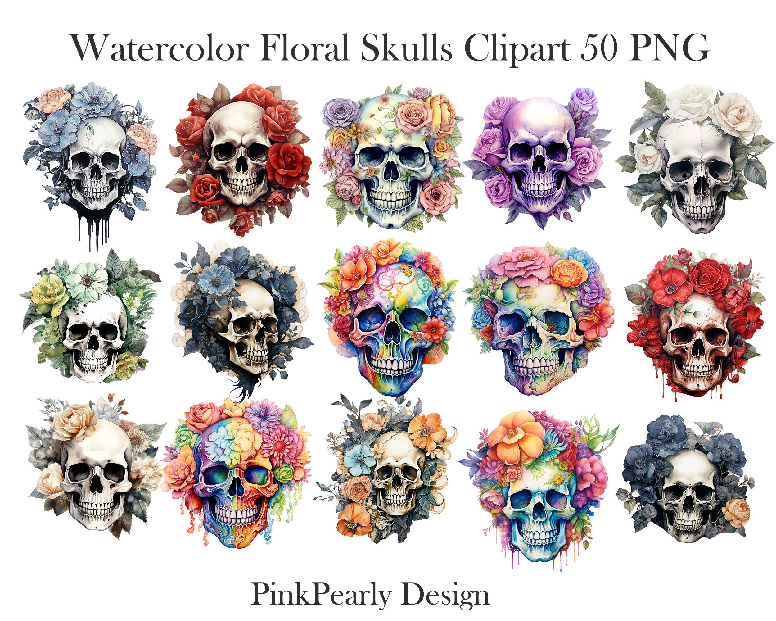 Watercolor Floral Skulls Clipart Flower Skulls PNG Halloween - Etsy