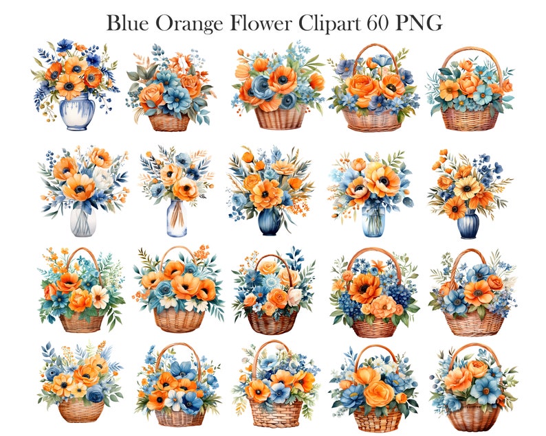 Blue Orange Flower PNG, Watercolor Blue Floral Clipart Bundle, Wedding ...
