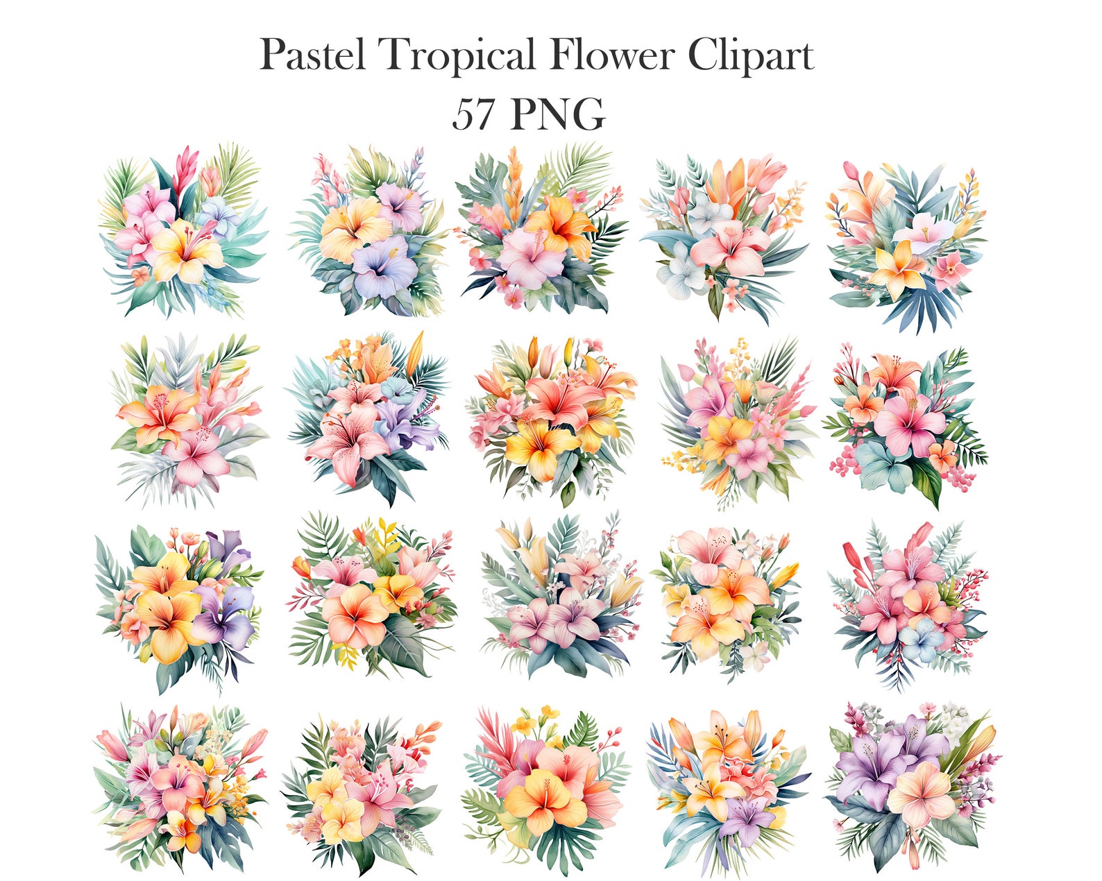 Pastel Tropical Flower Clipart, Summer Flower PNG, Watercolor Floral ...