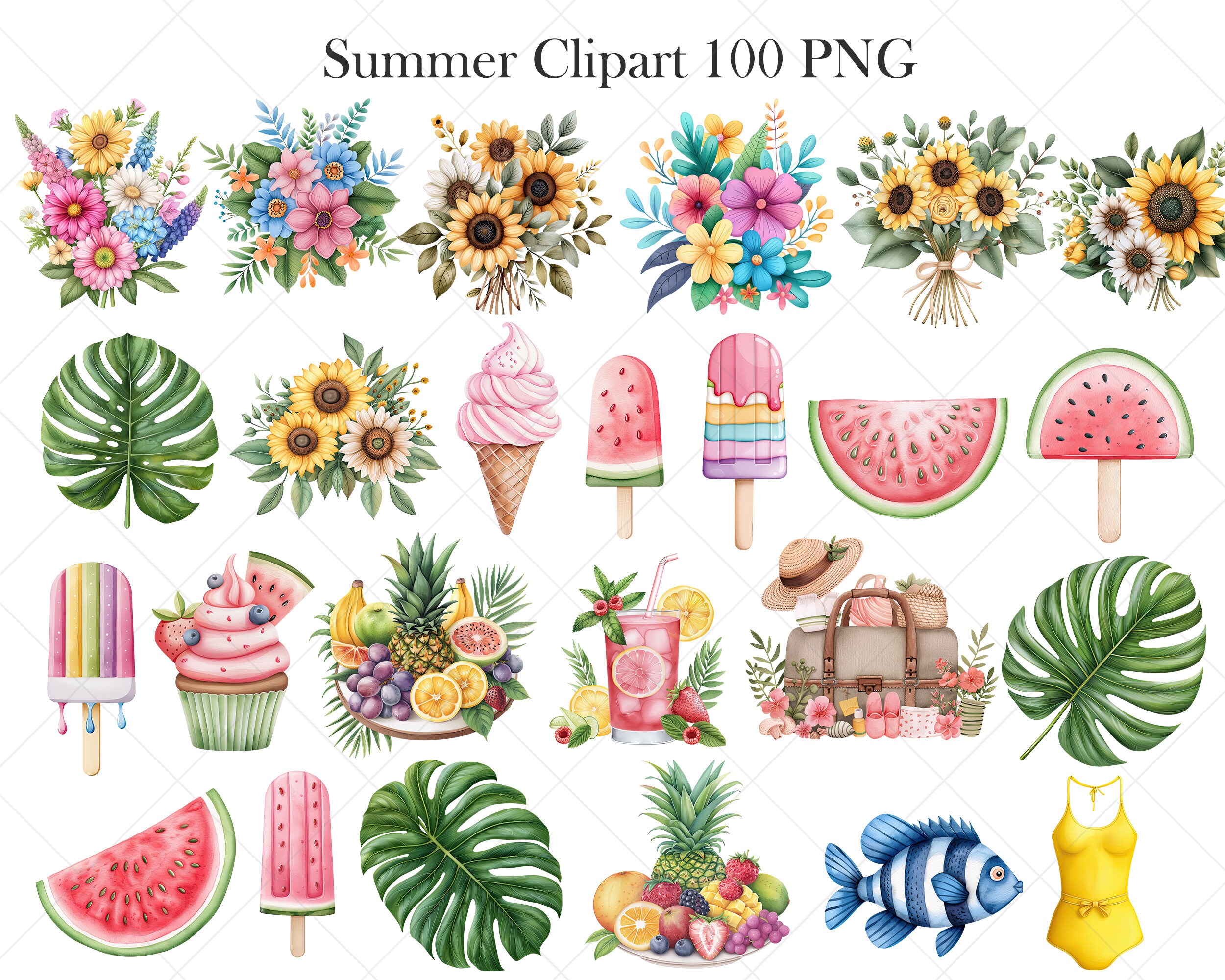 Summer Clipart Bundle, Watercolor Summer PNG, Tropical Flower, Digital ...