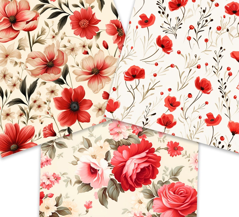 Red Flower Digital Paper, Watercolor Floral Background, Scrapbook ...