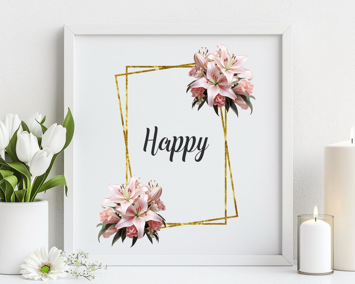 Lily Frame Clipart, Flower Gold Frame PNG, Digital Download - Etsy