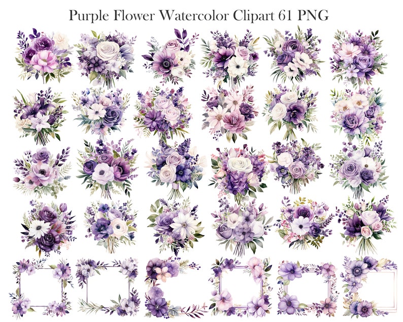 Purple Flower PNG, Watercolor Purple Floral Clipart Bundle, Wedding ...