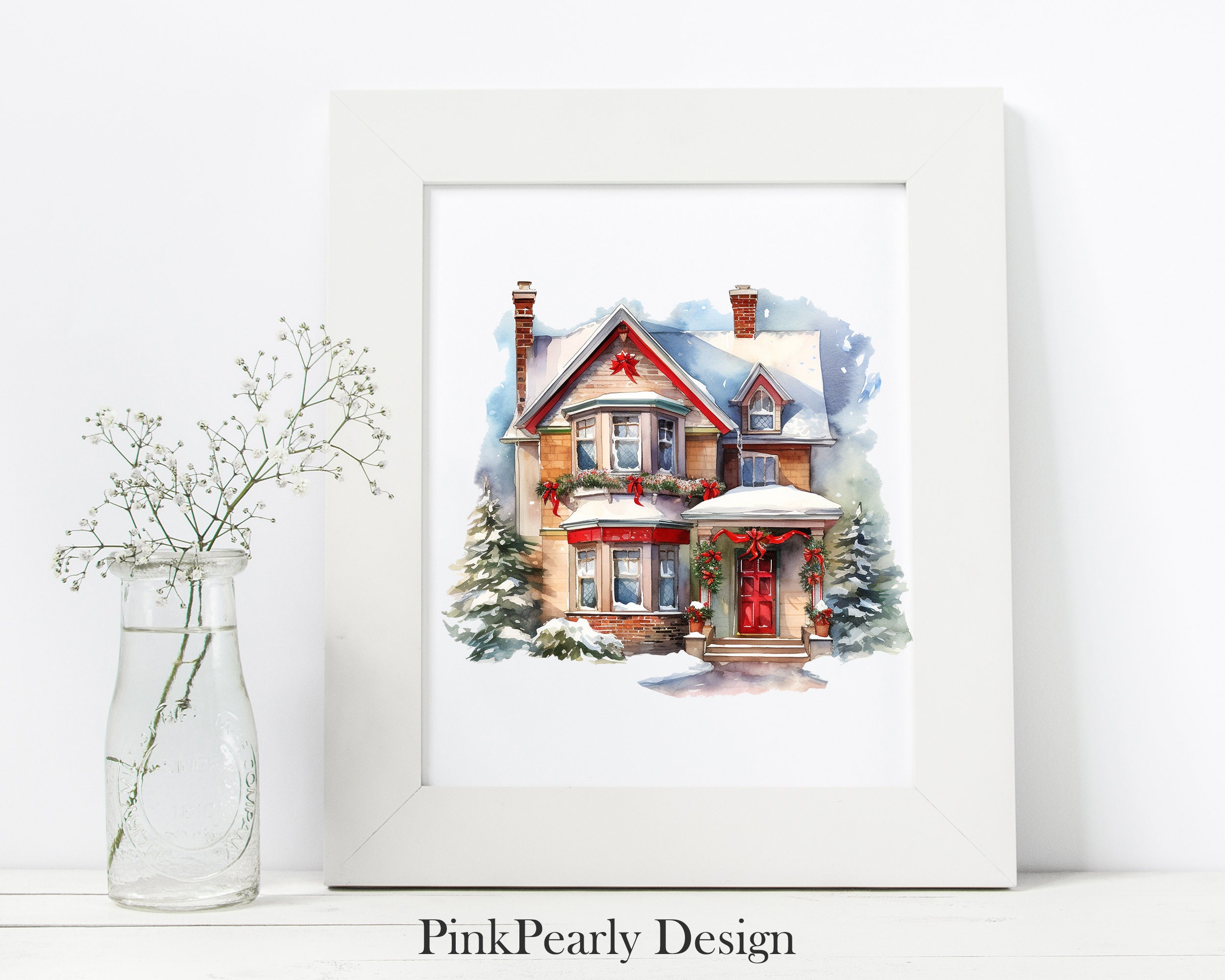 Christmas House Watercolor Clipart, Christmas Scenery Window Fireplace ...
