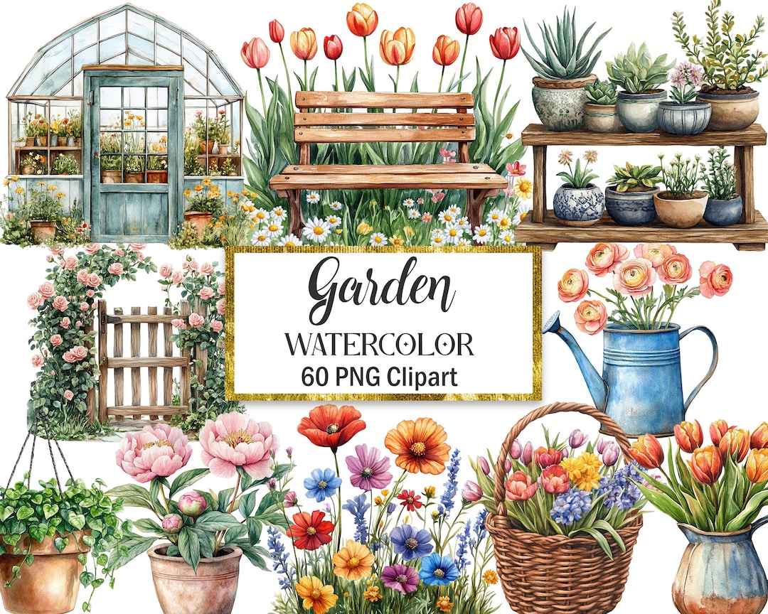 Garden Clipart, Watercolor Spring PNG, Digital Download - Etsy