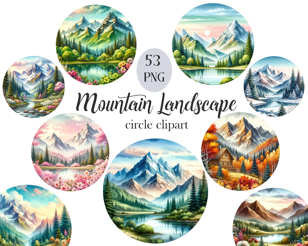 Mountain Clipart, Watercolor Mountain Landscape Circle Clipart, Round ...