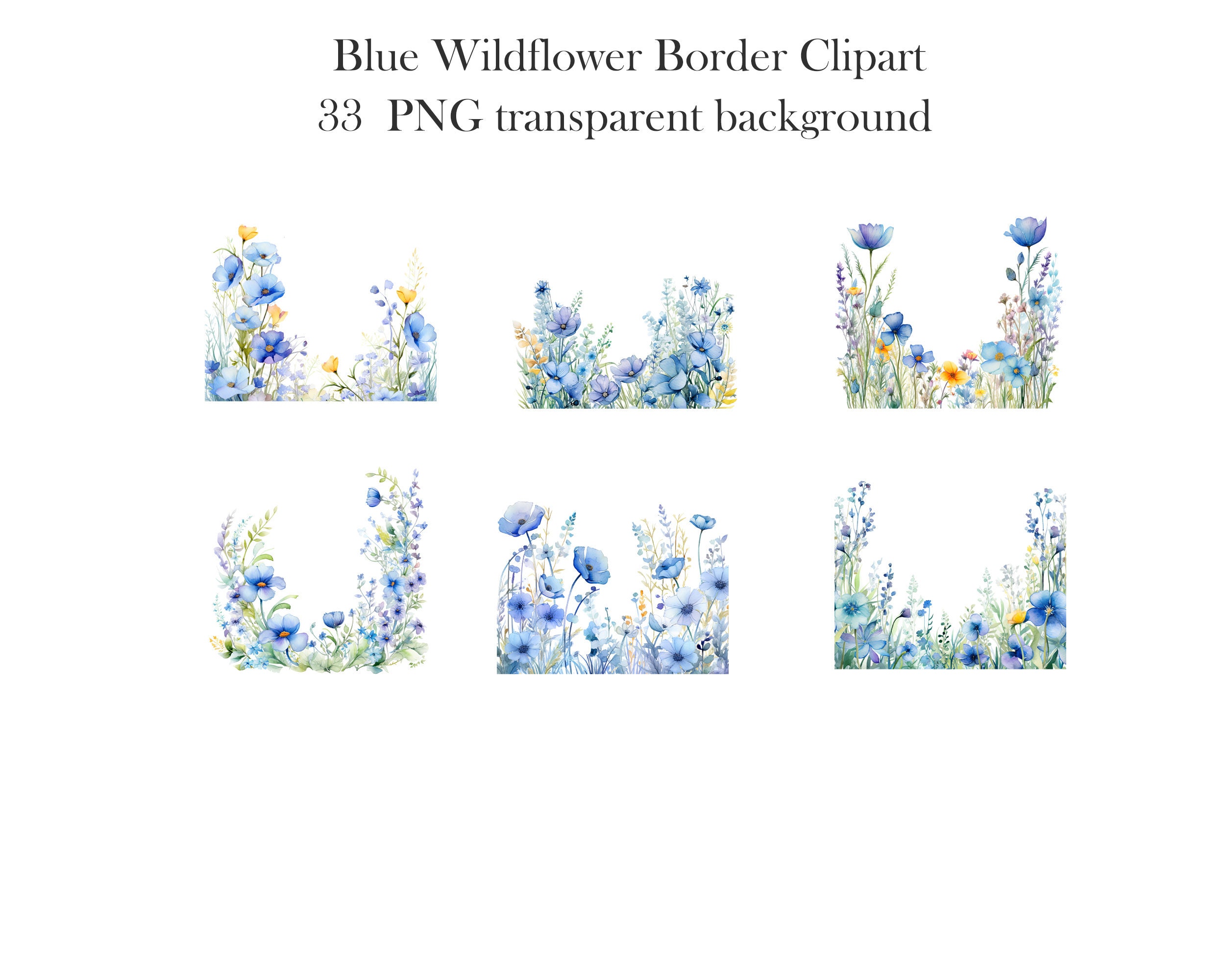 Blue Wildflower Border Clipart, Watercolor Floral Clipart, Flower ...