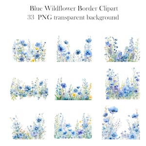 Blue Wildflower Border Clipart, Watercolor Floral Clipart, Flower ...