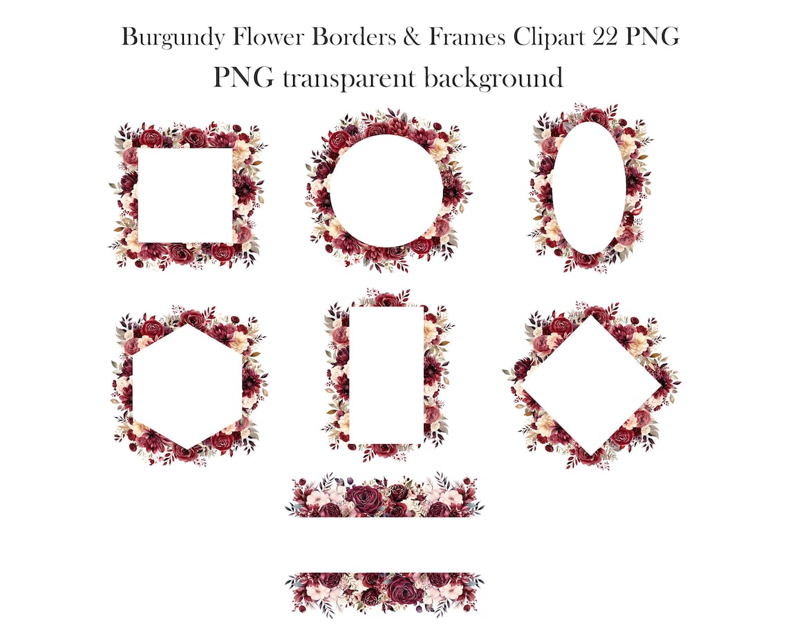 Burgundy Flower Border Clipart, Watercolor Flower Border PNG, Wedding ...