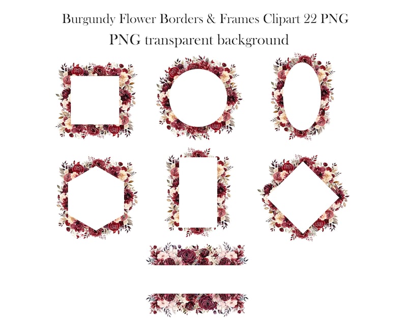 Burgundy Flower Border Clipart, Watercolor Flower Border PNG, Wedding ...