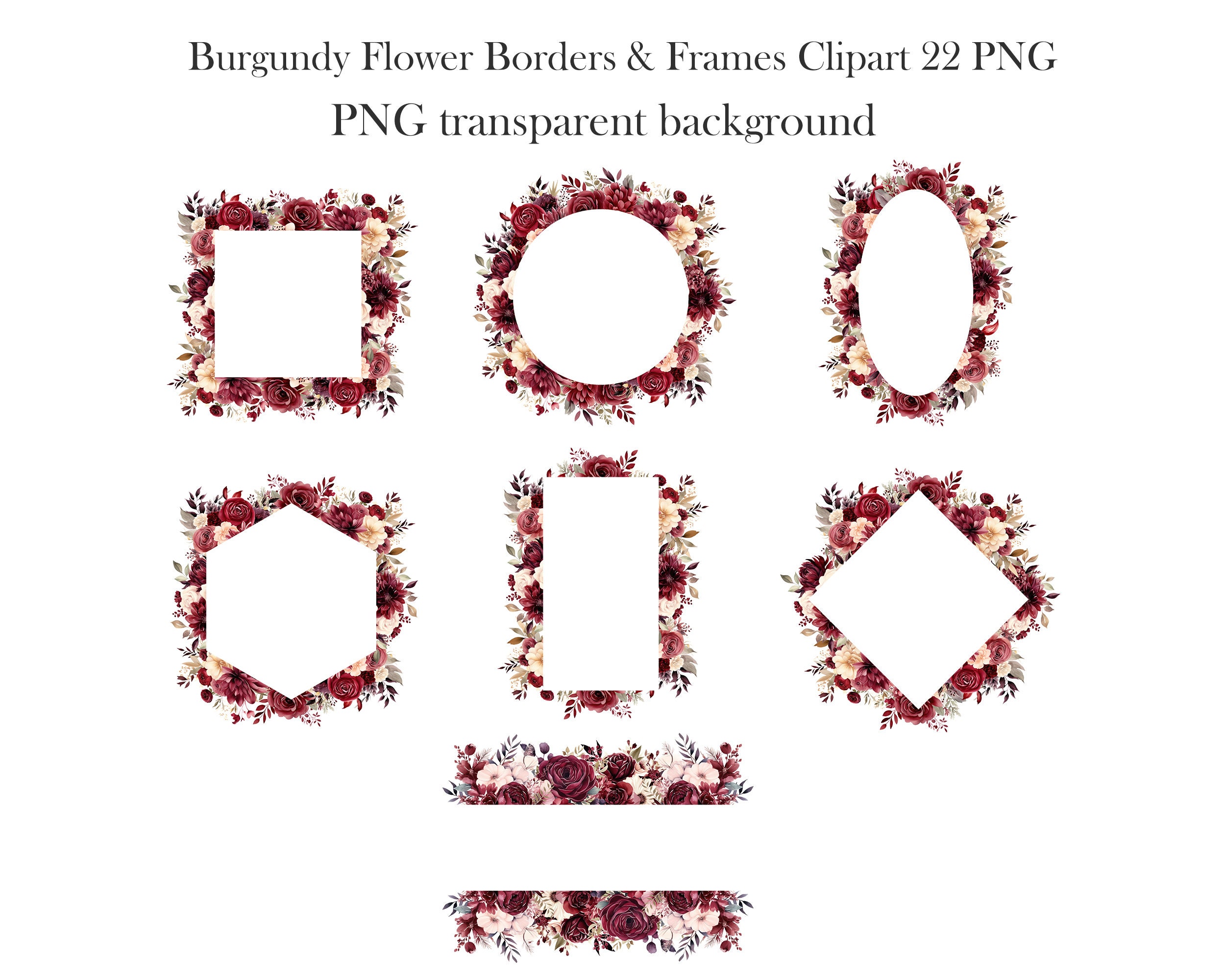 Burgundy Flower Border Clipart, Watercolor Flower Border PNG, Wedding ...