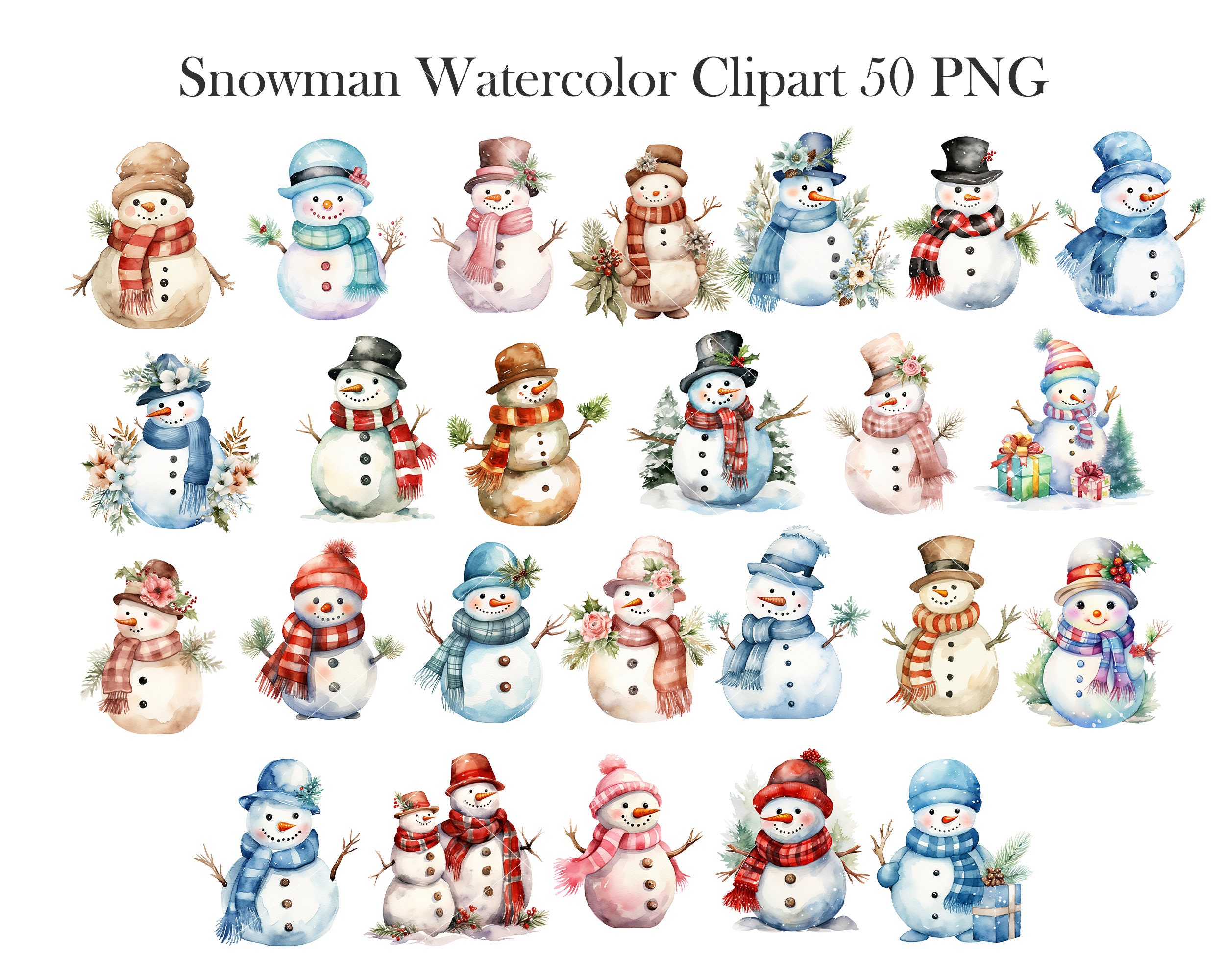 Snowman PNG Clipart Bundle, Watercolor Christmas Snowman Clipart ...