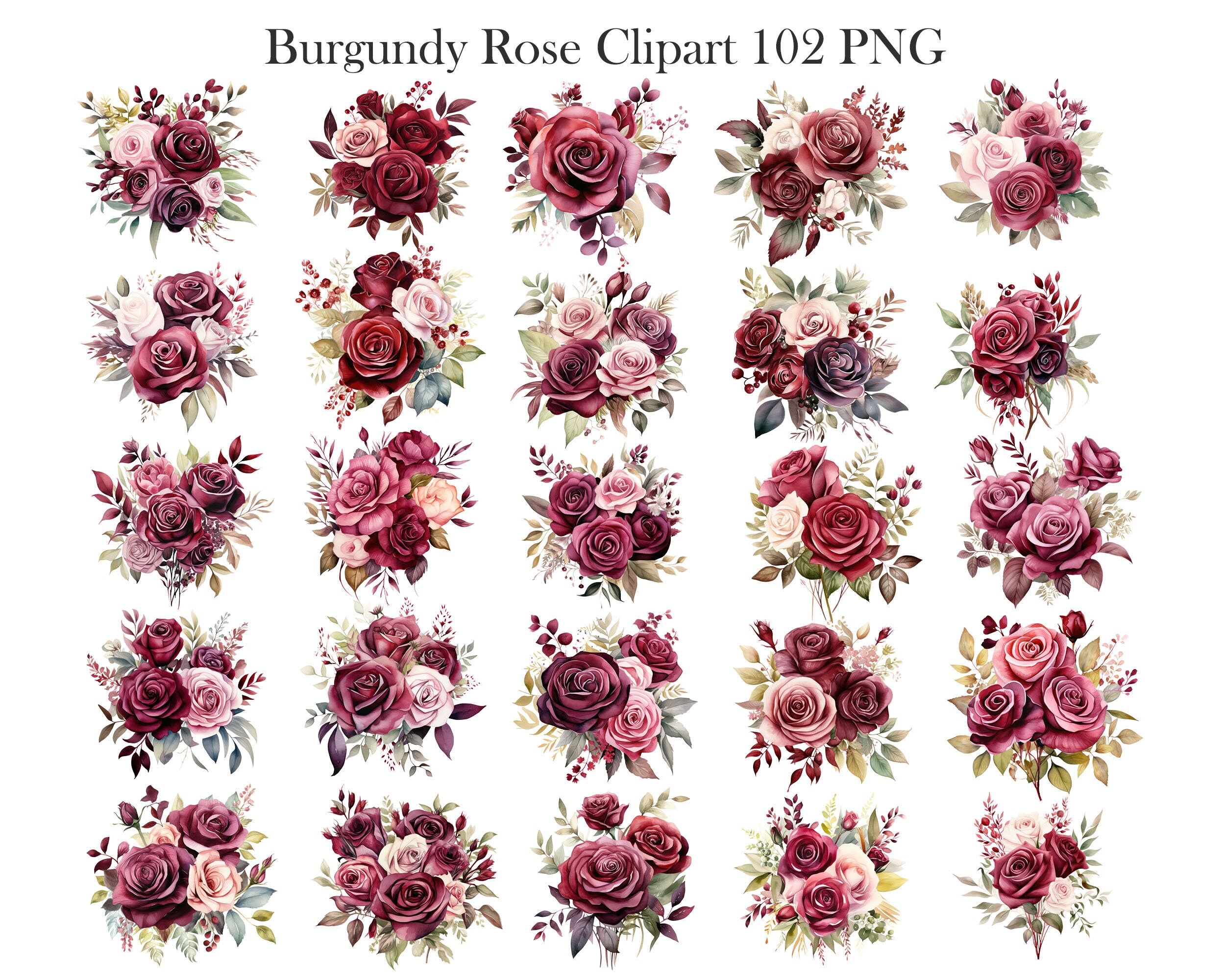 Burgundy Rose PNG, Watercolor Burgundy Rose Clipart Bundle, Wedding ...