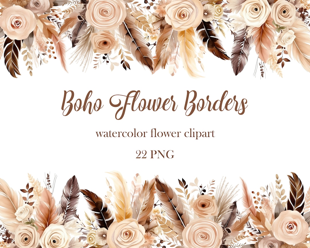 Boho Flower Border Clipart, Watercolor Boho Floral PNG, Flower Frame ...