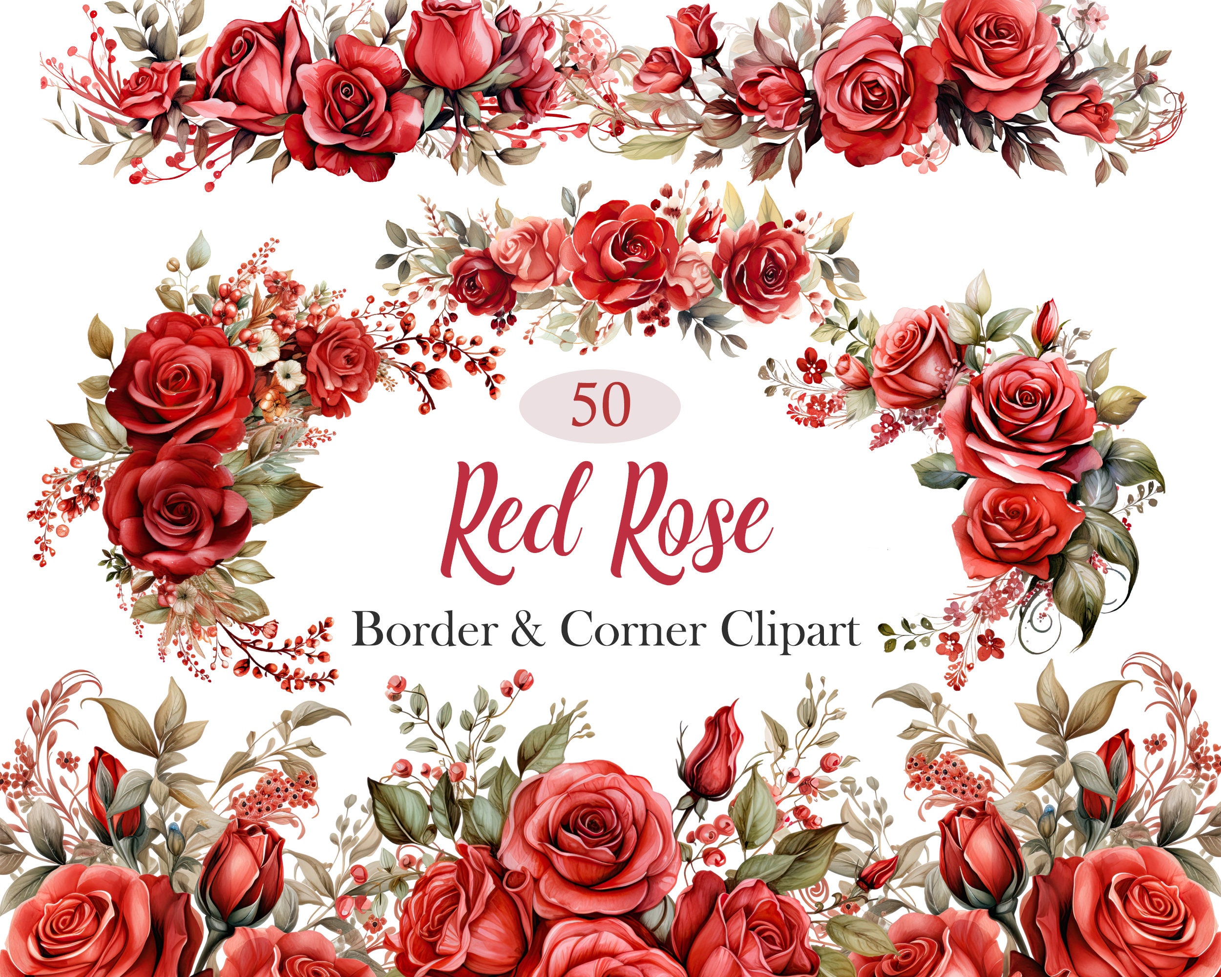 Red Rose PNG, Watercolor Red Rose Border Clipart, Rose Corner ...