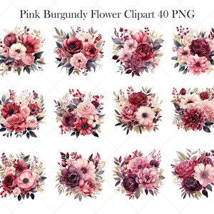 Pink Burgundy Flower Clipart, Watercolor Burgundy Floral PNG, Flower ...