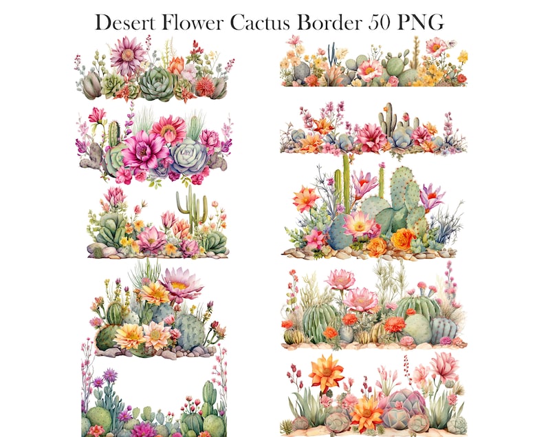 Desert Flower Cactus Border PNG, Watercolor Desert Flower Clipart ...