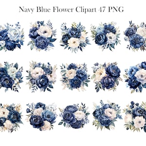Navy Blue Flower Clipart, Watercolor Blue Floral PNG, Wedding Flower ...