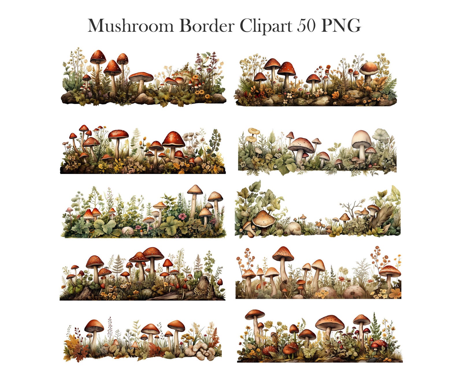 Mushroom Border Clipart, Watercolor Mushroom PNG, Autumn Clipart, Fall ...