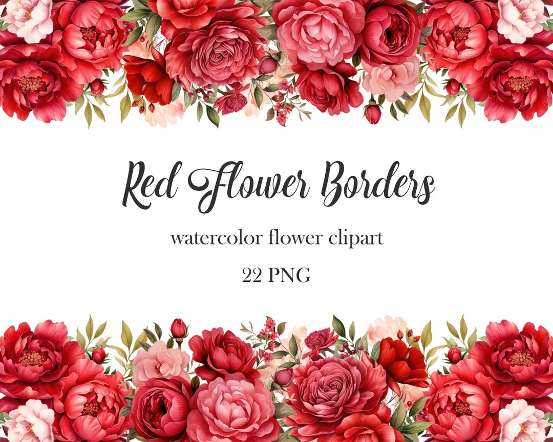 Red Flower Border Clipart, Watercolor Red Floral PNG Bundle, Flower ...