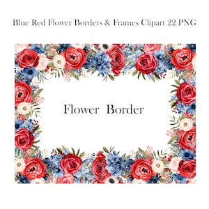 Blue Red Flower Border Clipart, Watercolor Flower PNG Bundle, Blue Red ...