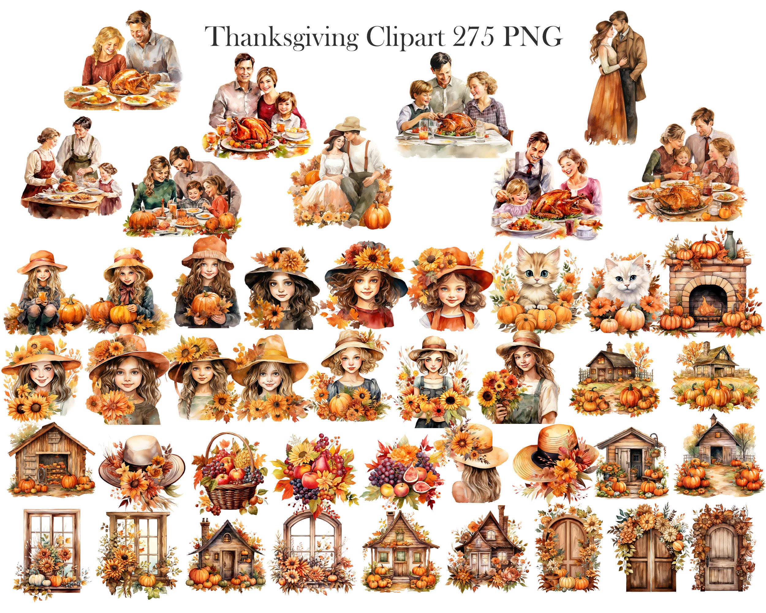 Thanksgiving PNG Bundle, Watercolor Thanksgiving Clipart Bundle, Fall ...