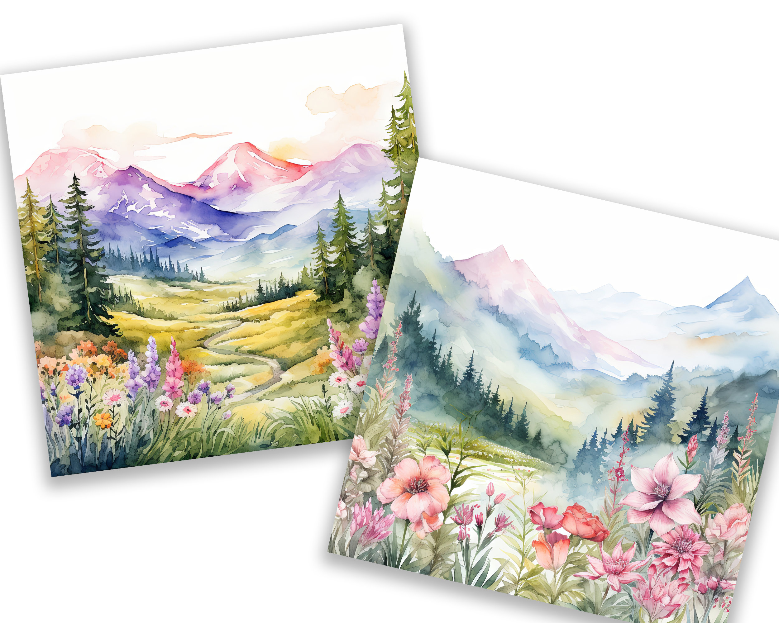 Spring Landscape Digital Paper, Watercolor Spring Scene Background ...