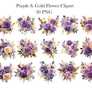 Purple Flower PNG, Watercolor Purple Gold Rose Clipart Bundle, Floral ...