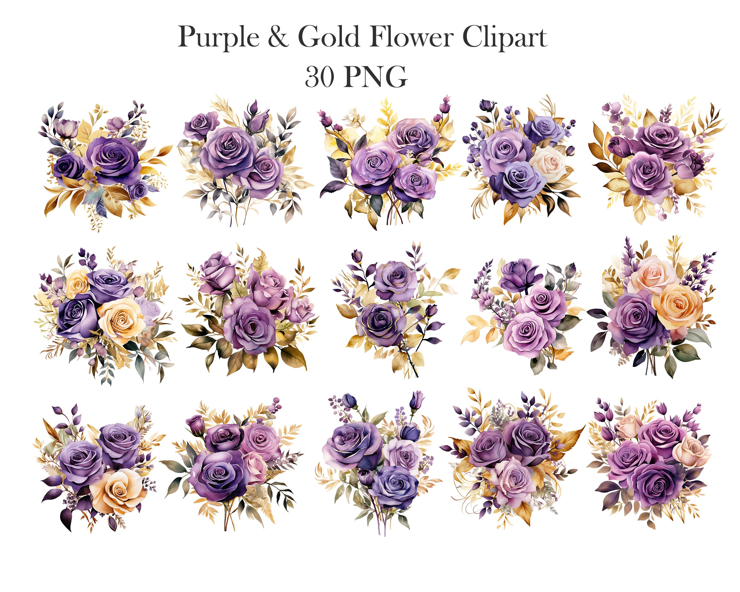 Purple Flower PNG, Watercolor Purple Gold Rose Clipart Bundle, Floral ...