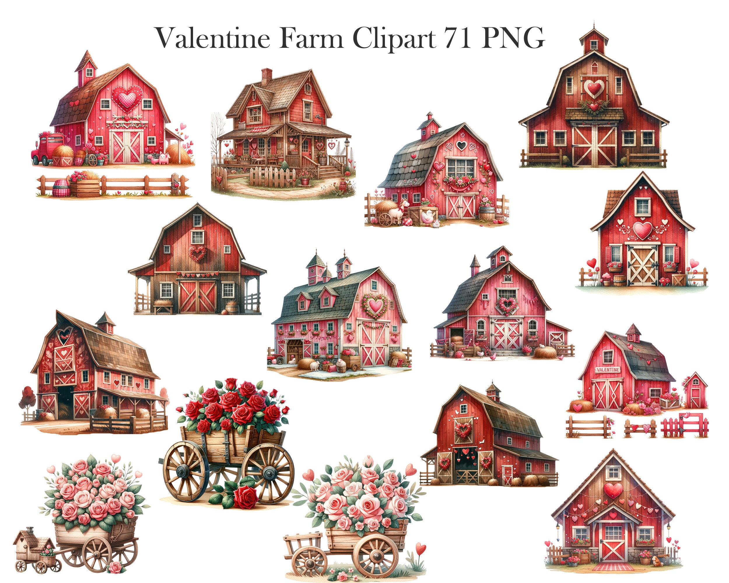Valentine Farm PNG, Watercolor Valentine Farm Clipart Bundle, Valentine ...