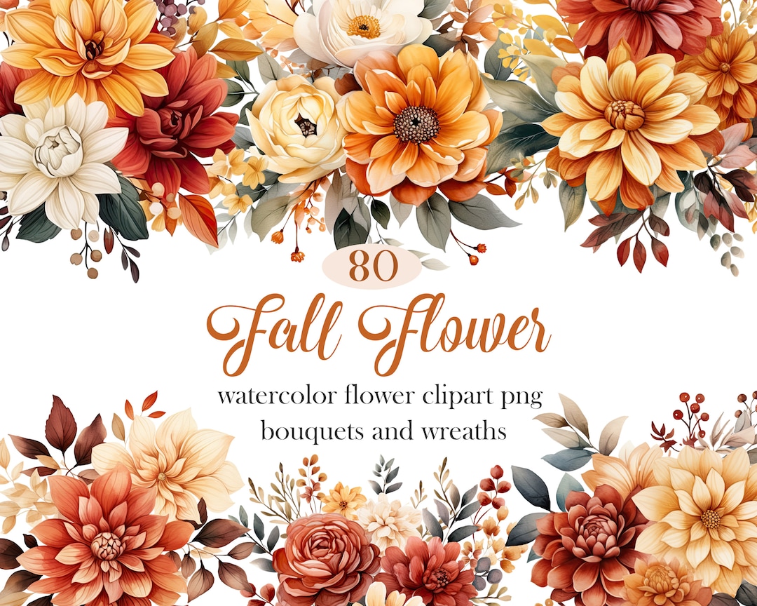 Fall Flower PNG, Watercolor Autumn Flower Clipart Bundle, Floral ...