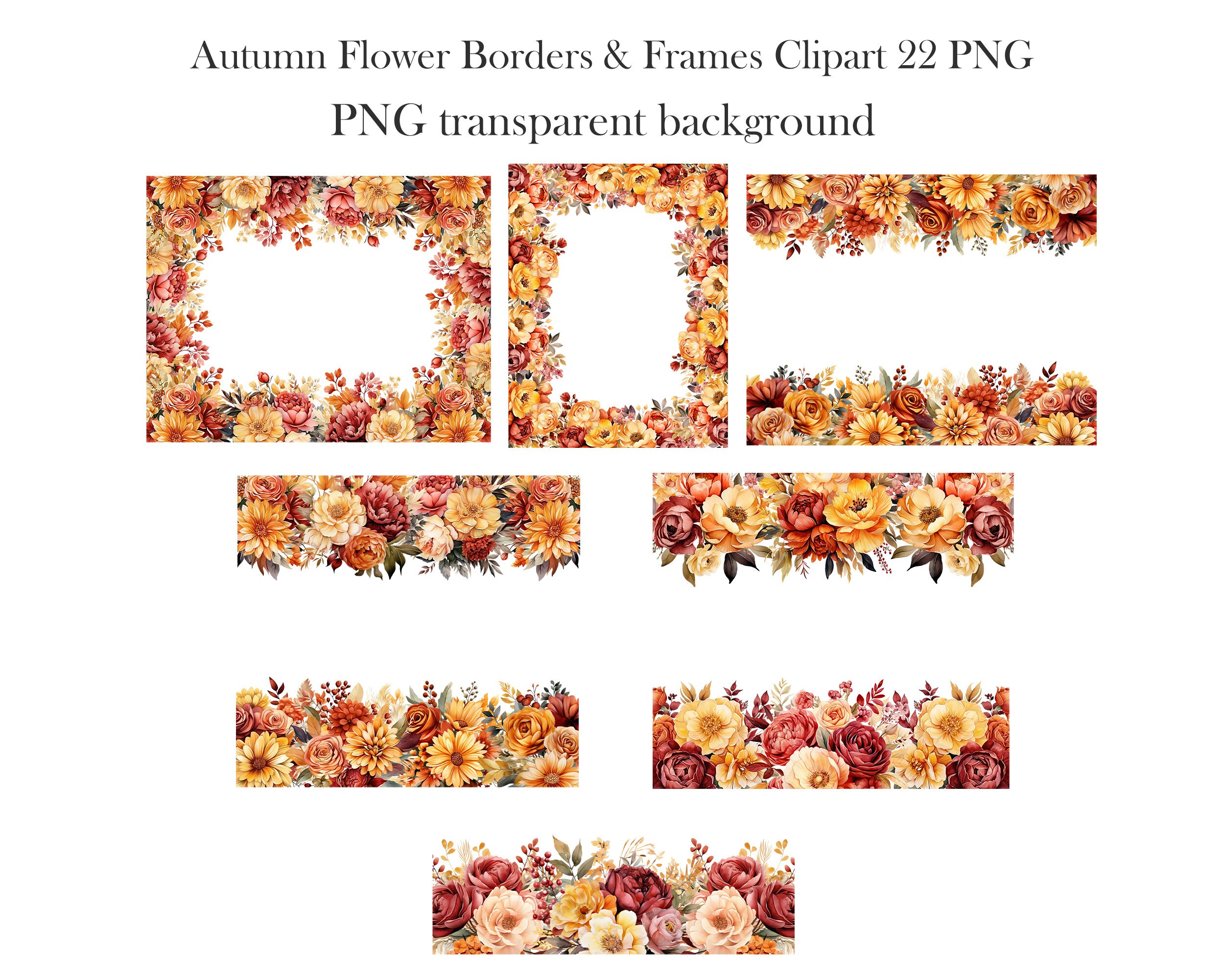 Autumn Flower Border Clipart, Watercolor Fall Flower Border PNG, Flower ...