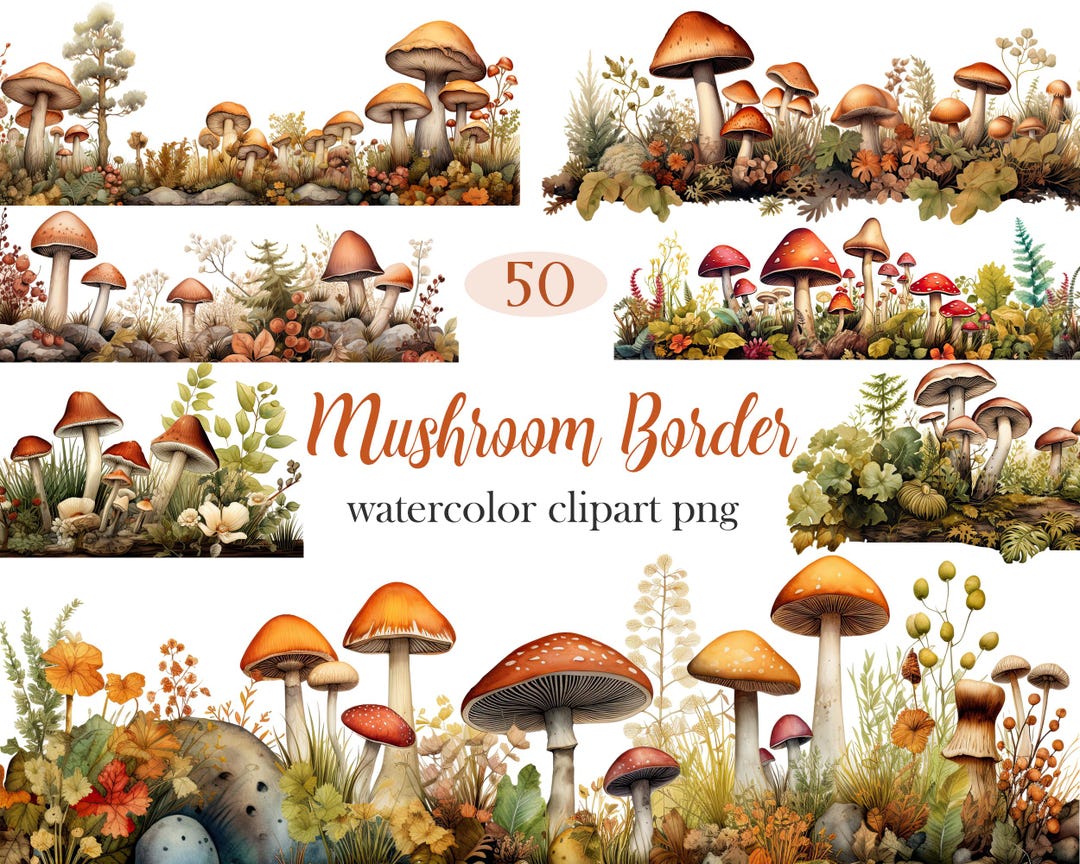 Mushroom Border Clipart, Watercolor Mushroom PNG, Autumn Clipart, Fall ...