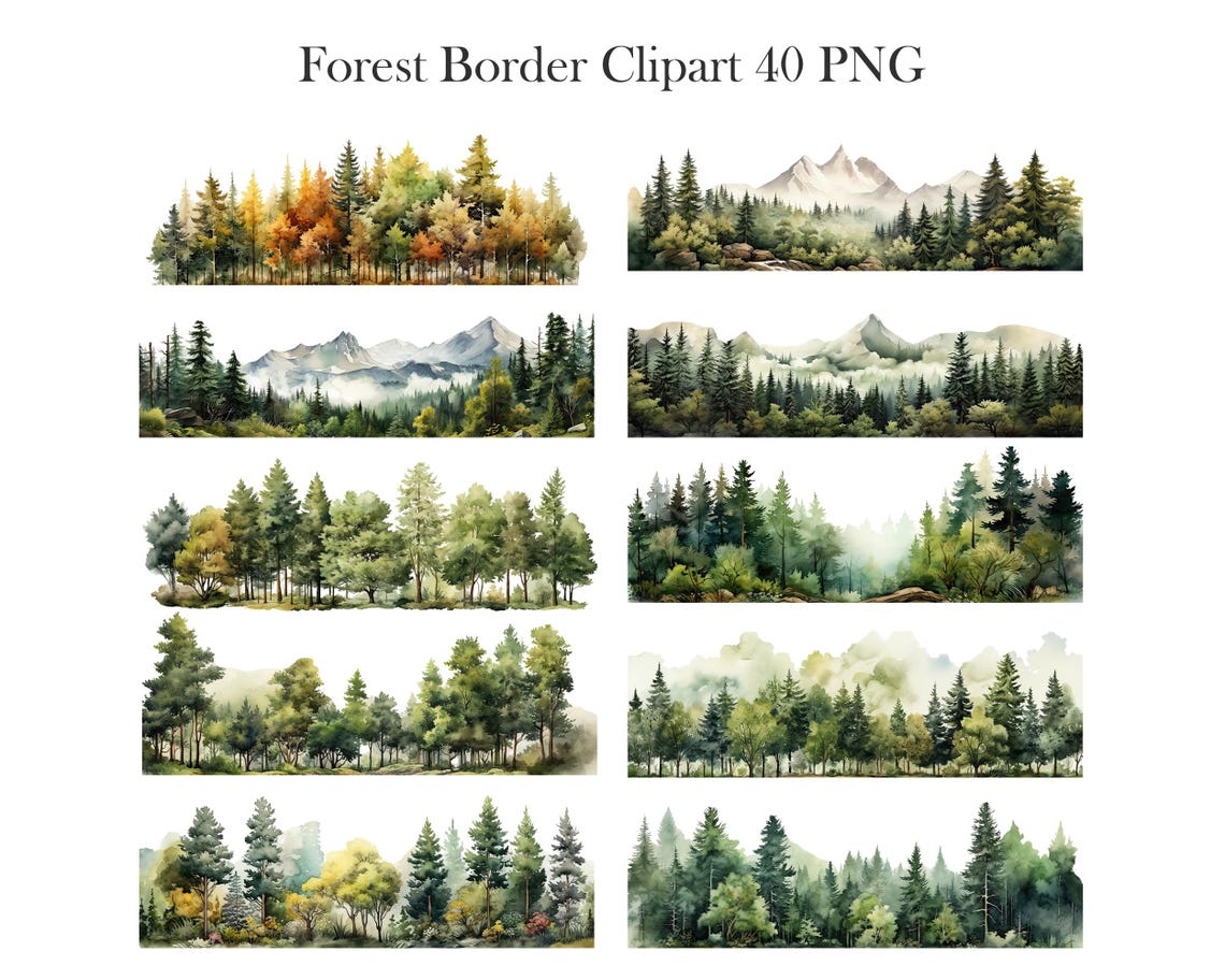 Forest Border Clipart, Watercolor Tree Border PNG, Sublimation, Nature ...