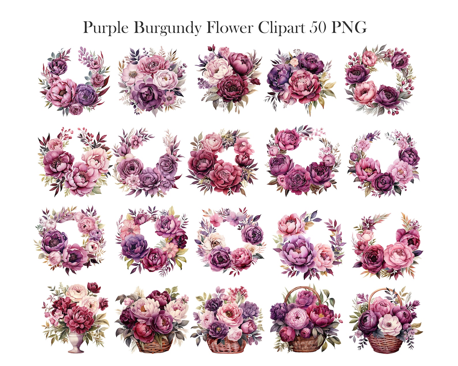 Purple Burgundy Flower Clipart, Watercolor Floral PNG, Wedding Flower ...