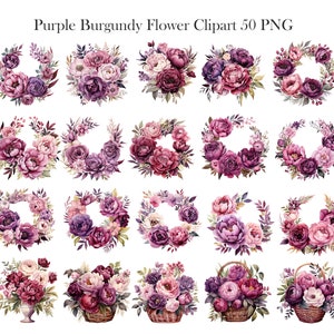 Purple Burgundy Flower Clipart, Watercolor Floral PNG, Wedding Flower ...