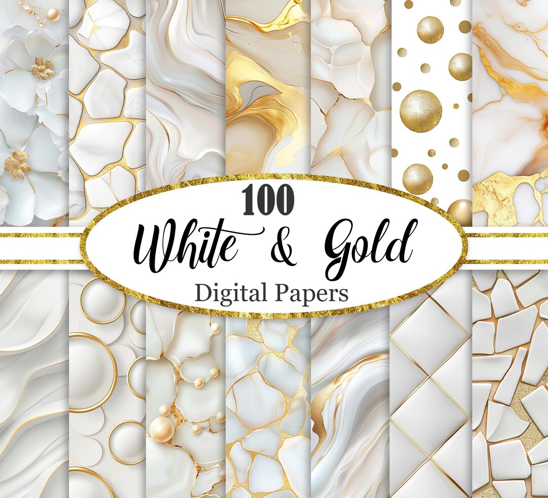 White and Gold Digital Paper, White Background Bundle, Gold Texture ...
