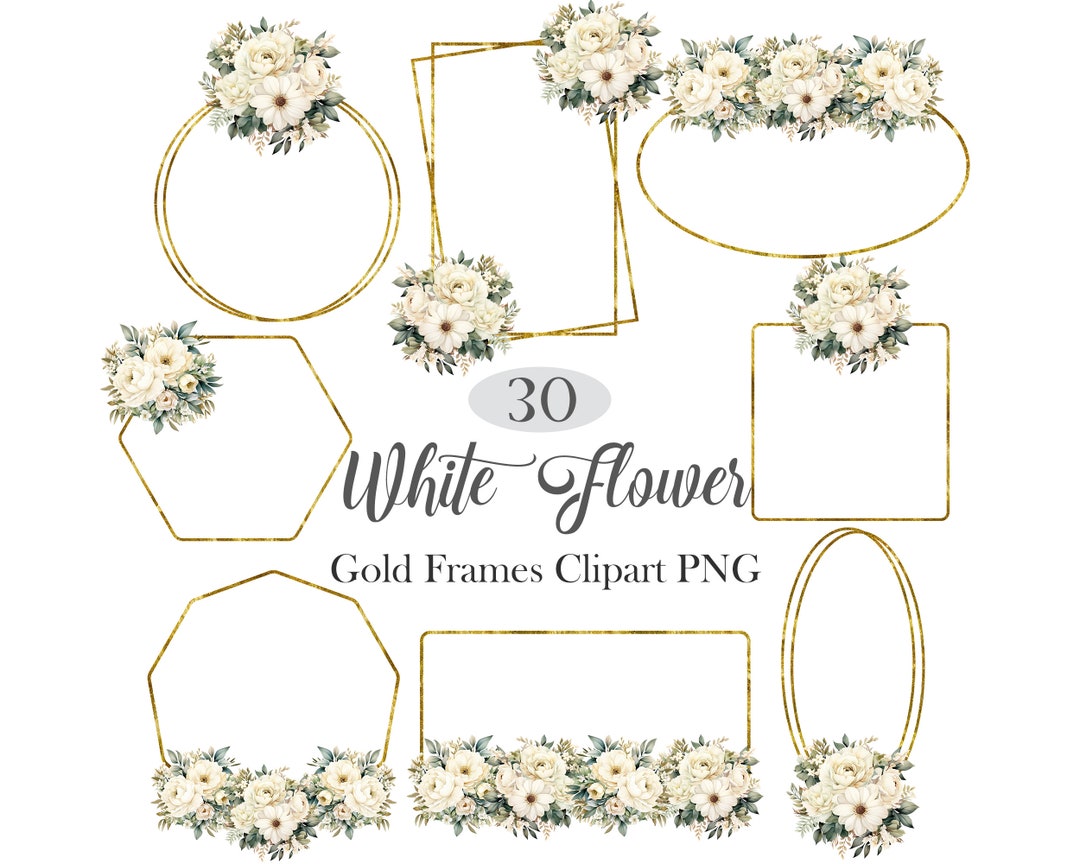 White Flower Frame Clipart, Watercolor White Floral Gold Frame PNG ...