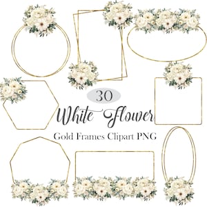 White Flower Frame Clipart, Watercolor White Floral Gold Frame PNG ...