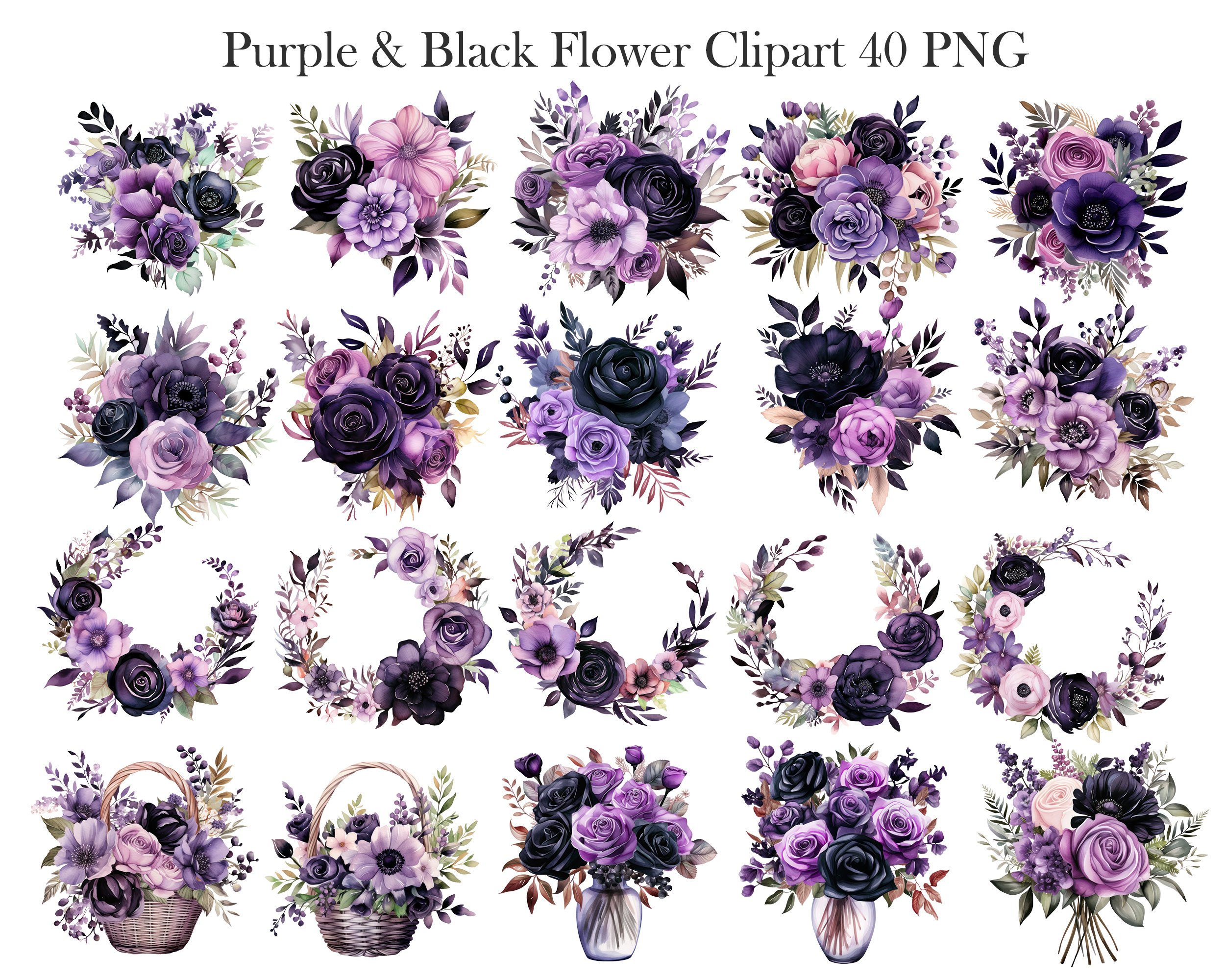 Purple and Black Flower PNG, Watercolor Purple Floral Clipart, Purple ...